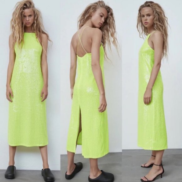 Zara | Dresses | Nwt Zara Neon Green Sequin Midi Dress Xs | Poshmark